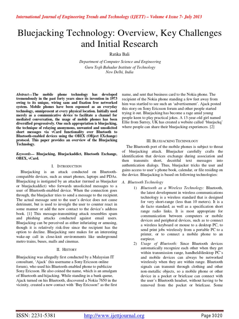 Bluejacking Technology: Overview, Key Challenges and Initial Research ...