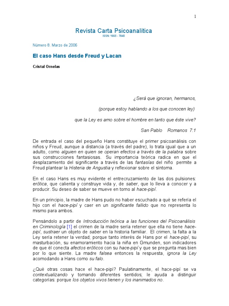El Caso Hans, Desde Freud y Lacan | PDF | Jacques Lacan | Fobia