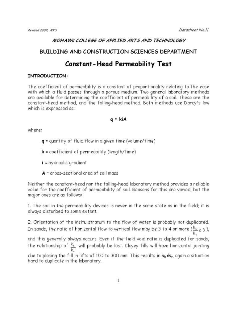 Constant Head Permeability Procedure - 09-08-12 | PDF | Permeability ...