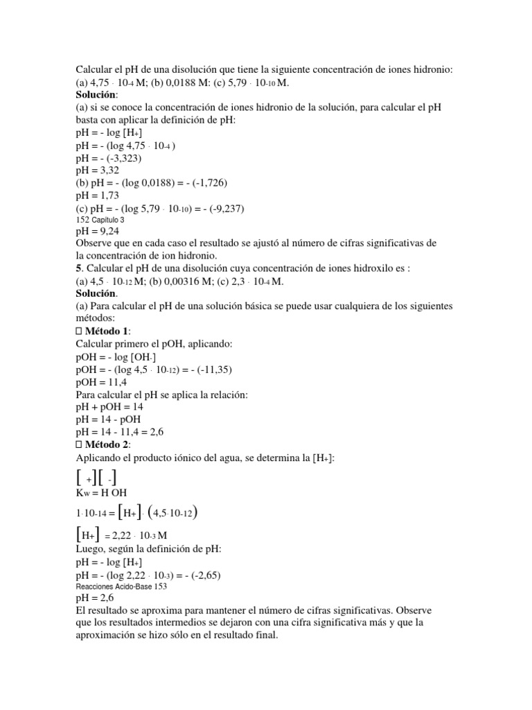 Calcular El PH de Una Disolución Que Tiene La Siguiente Concentración de Iones Hidronio | PDF ...