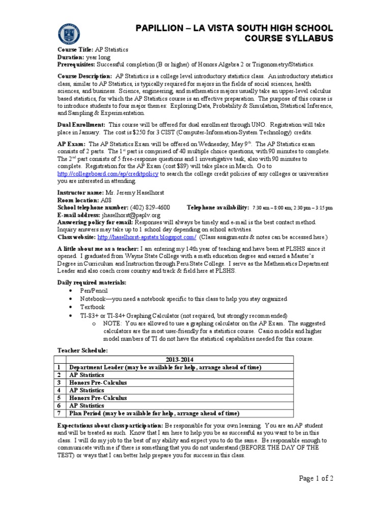 AP Stats Syllabus | PDF | Advanced Placement | Quality Of Life