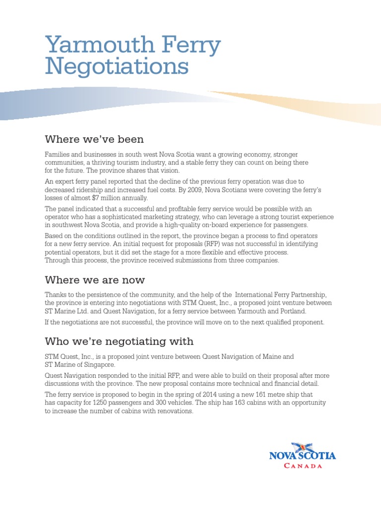 Yarmouth Ferry Negotiations Fact Sheet | PDF | Request For Proposal | Ferry