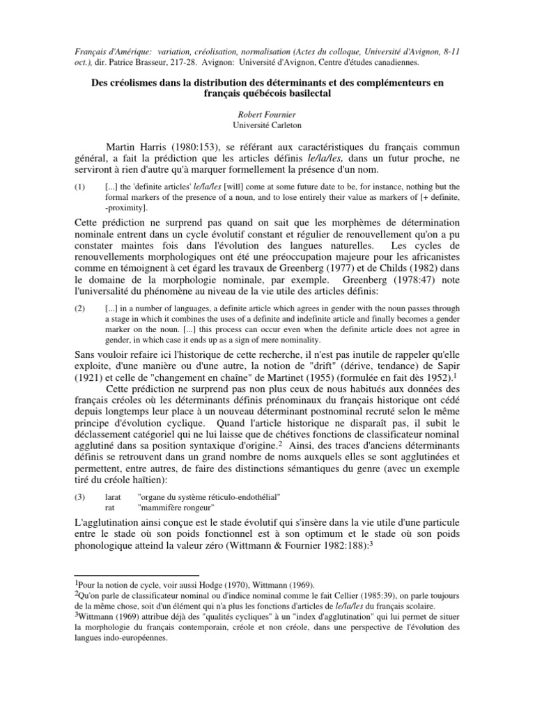 Créolisation et déterminants en français | PDF | Nombre grammatical ...