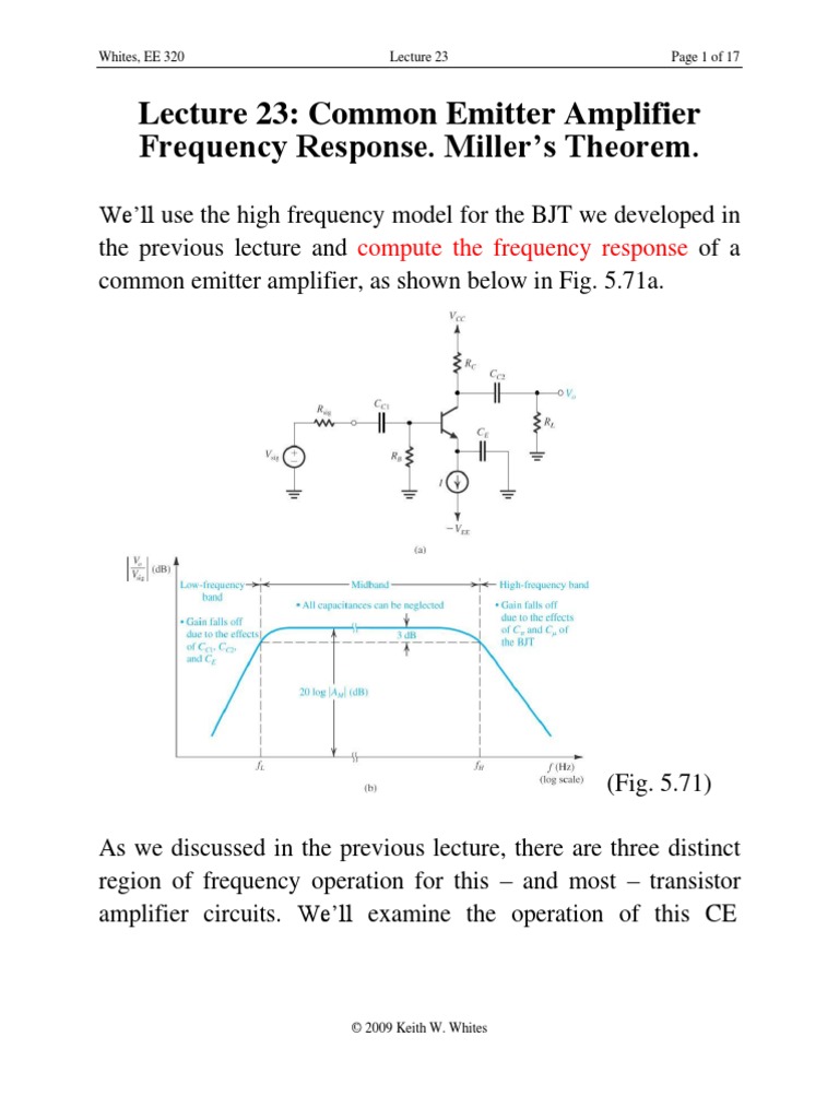 Lecture 23: Common Emitter Amplifier Frequency Response. Miller's ...