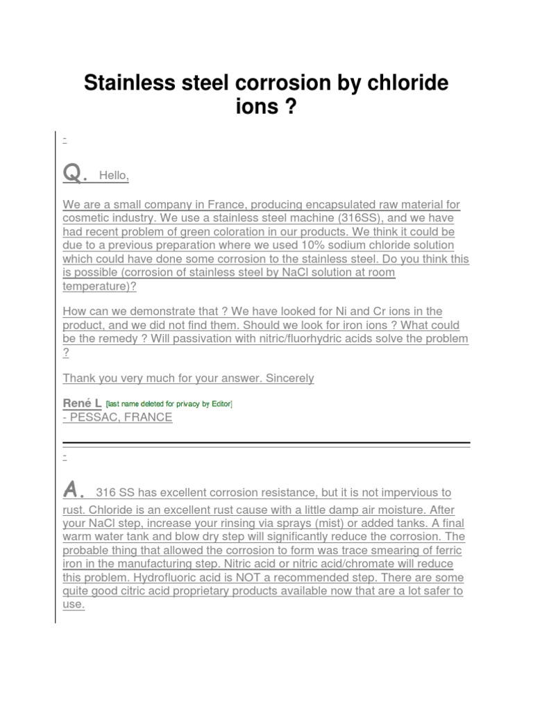Stainless Steel Corrosion by Chloride Ions | PDF | Corrosion ...