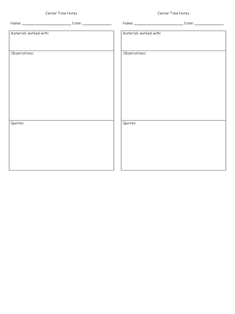 Center Time Notes Name: - Date: - Materials Worked With: Center Time ...