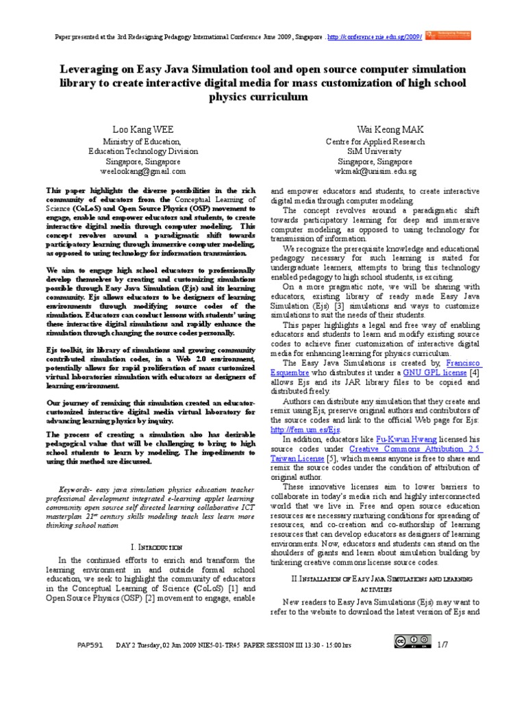 Leveraging On Easy Java Simulation Tool and Open Source Computer Simulation Library To Create ...