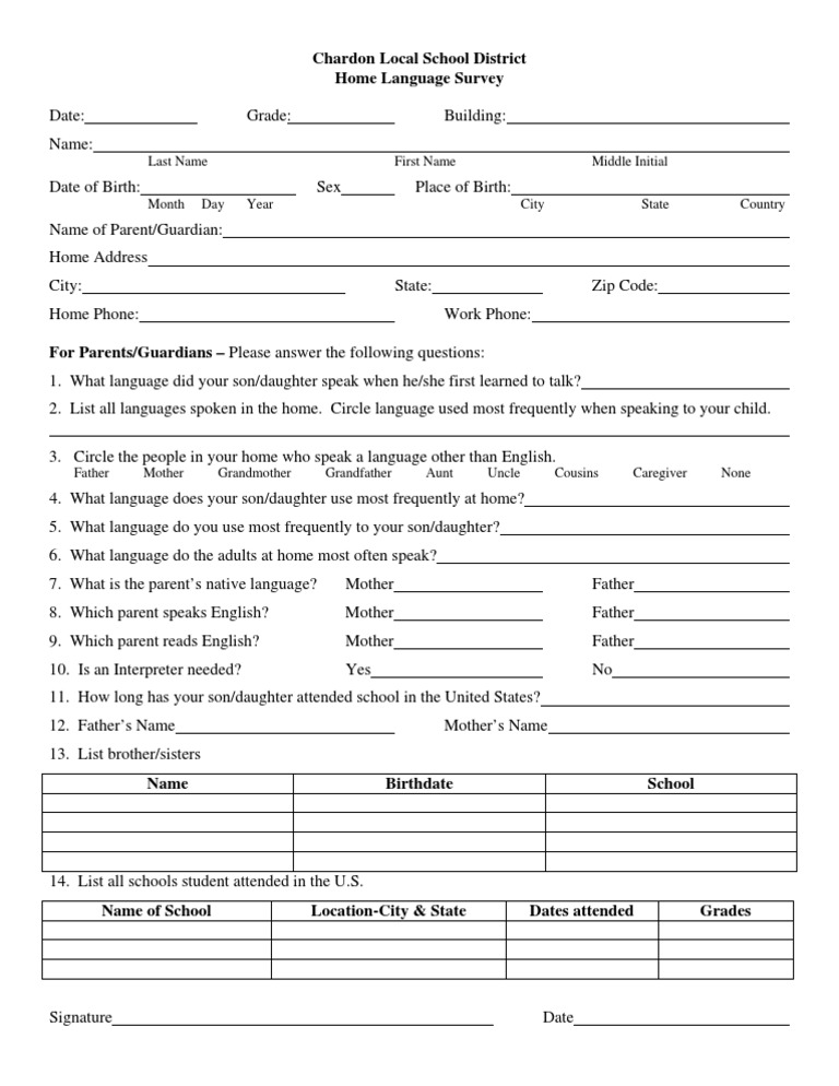 Home Language Survey 09 | PDF