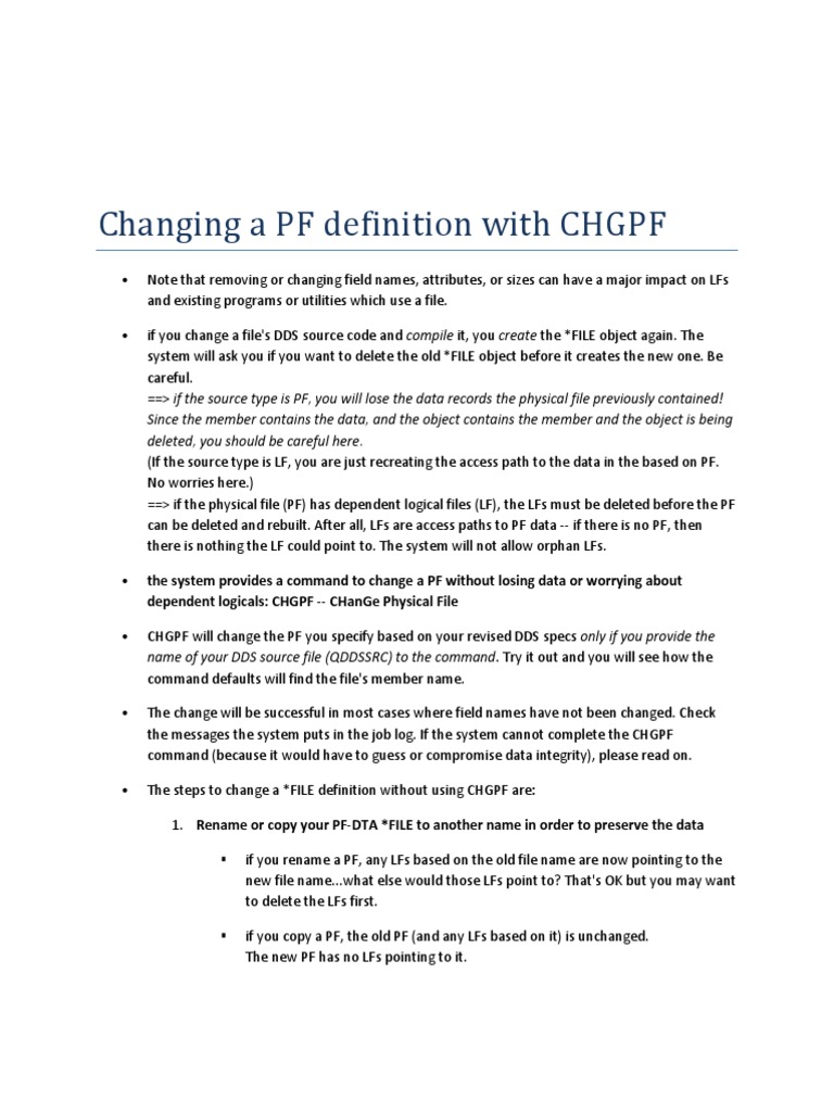 CHGPF Command for PF Definition Changes | PDF | File Format | Computer File