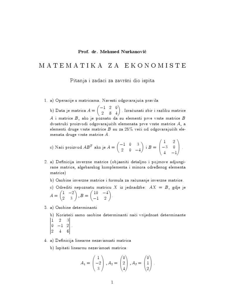Matematikazaekonomiste: Pitanja I Zadaci Za Završni Dio Ispita | PDF | Teaching Methods & Materials