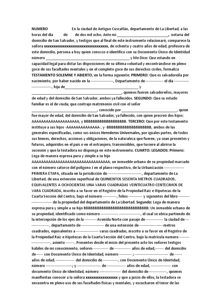 Modelo de Testamento | Voluntad y testamento | Propiedad | Prueba ...