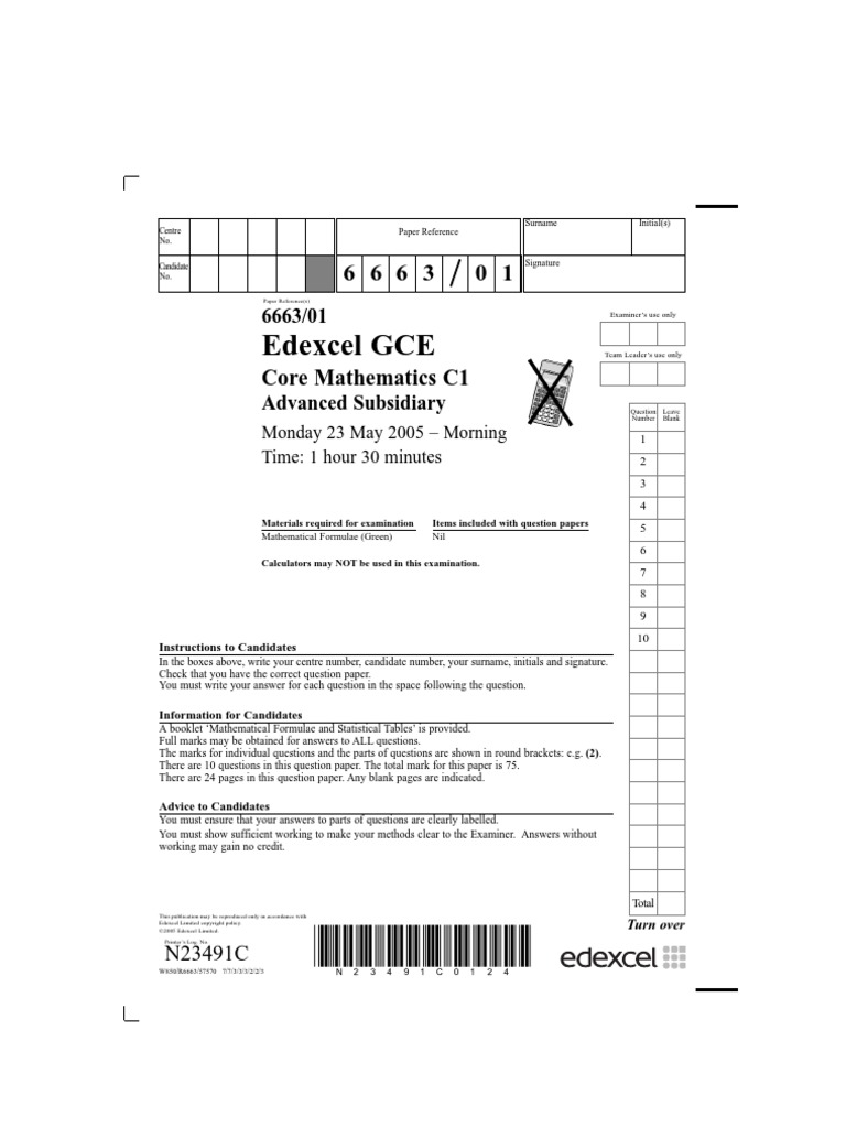 Edexcel GCE Core 1 Mathematics C1 May 2005 6663/01 Question Paper | PDF ...