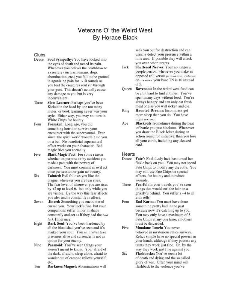 Deadlands - Expanded Veterans O' The West Chart | PDF | Werewolves ...