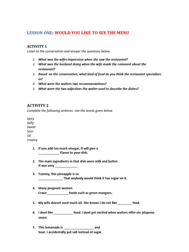 Lesson One:: Would You Like To See The Menu | PDF
