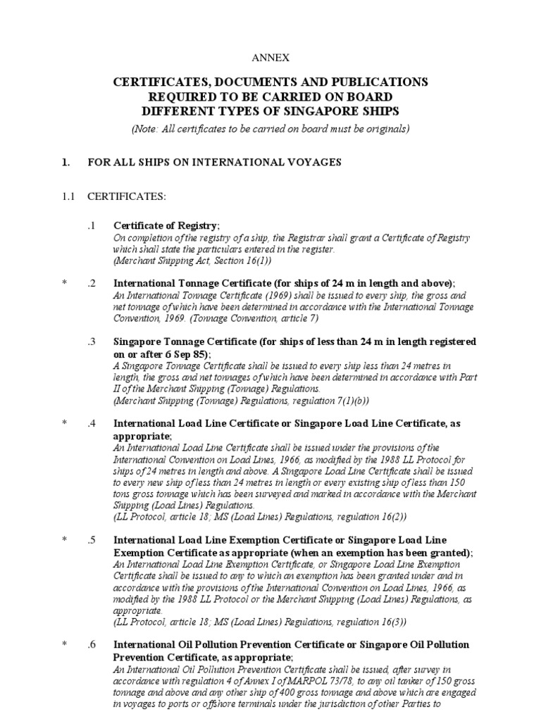 Required Certificates for Singapore Ships | PDF | Tonnage | Dangerous Goods
