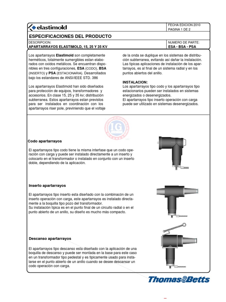 Manual de Instalación Apartarrayos Elastimold | PDF | Ingeniería de la Energía | Transformador