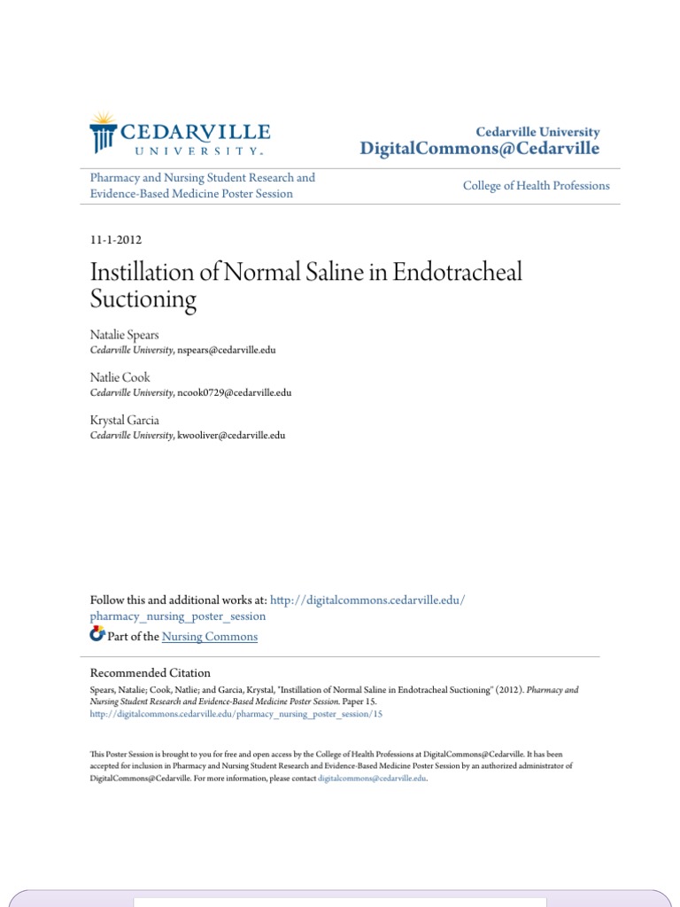 Instillation of Normal Saline in Endotracheal Suctioning | PDF | Saline ...