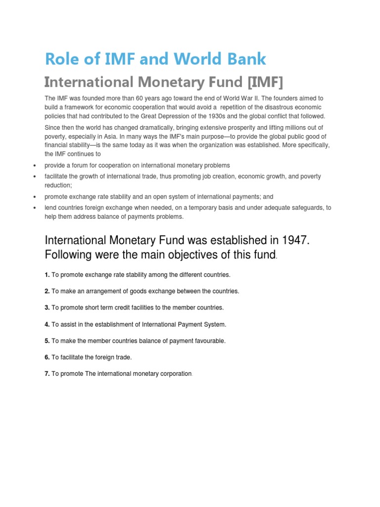 Role of IMF and World Bank: International Monetary Fund (IMF) | PDF