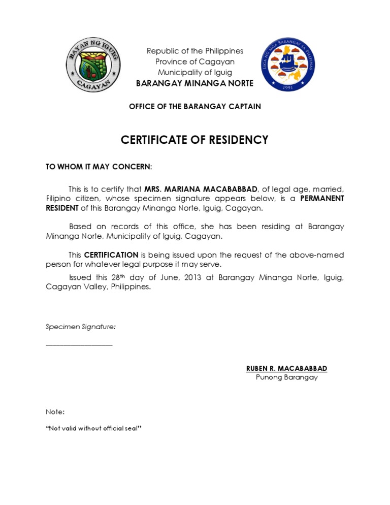 Certificate of Residency | PDF