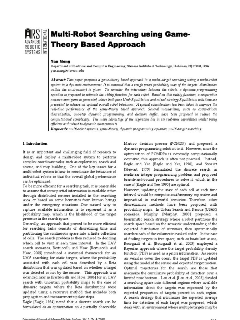 Multi Robot Searching Using Game Theory Based Approach Pdf Game Theory Dynamic Programming