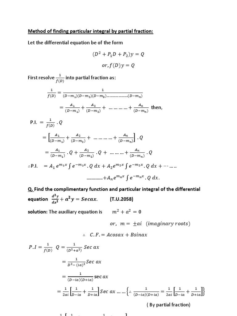 Method of Finding Particular Integral by Partial Fraction | PDF