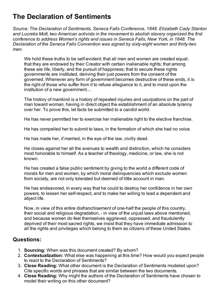 The Declaration of Sentiments: Questions | PDF | Identity Politics ...