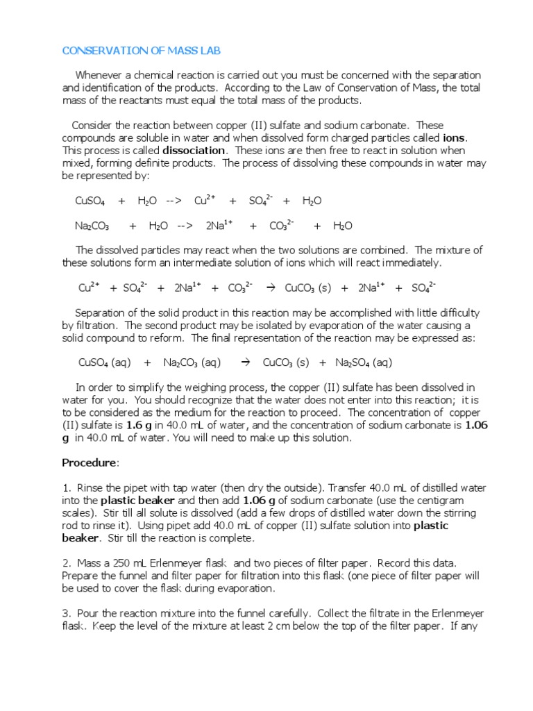 Conservation of Mass Lab 1 PDF | PDF | Solution | Sodium Carbonate