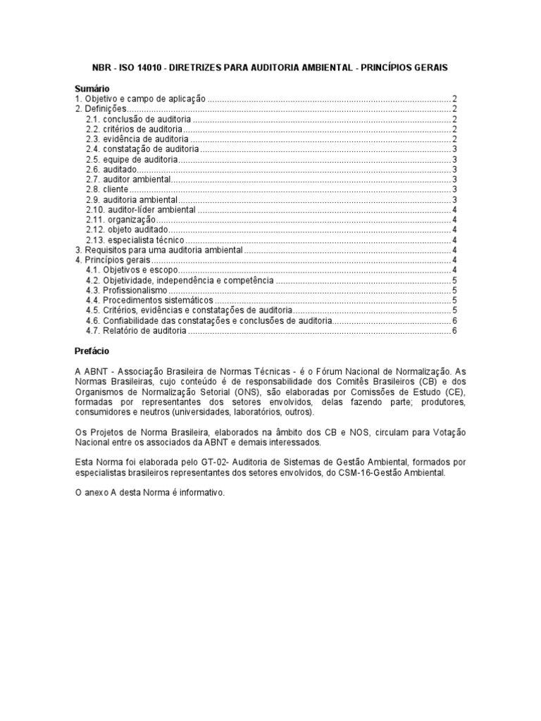 NBR ISO 14010 - Auditoria Ambiental Diretrizes | PDF | Ambiente natural ...