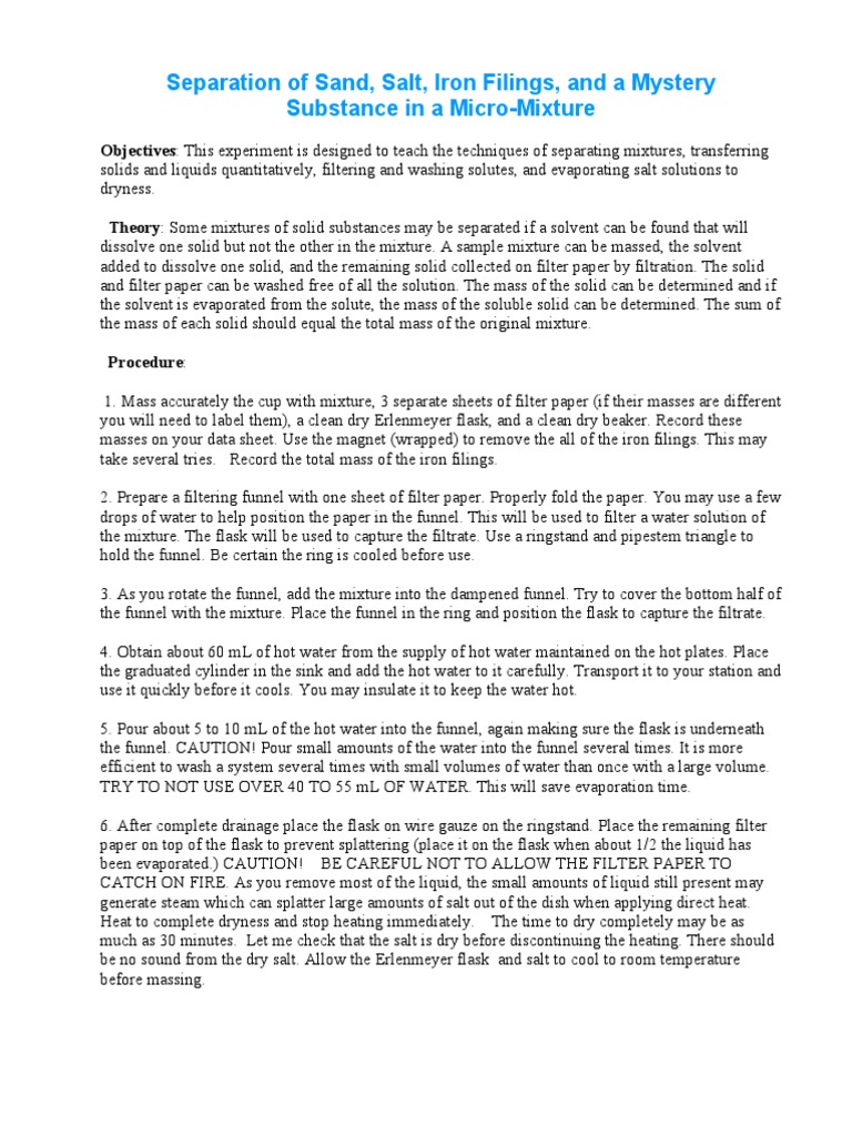 Sand and Salt Mixture Separation Lab 2003 2 PDF | PDF | Filtration ...