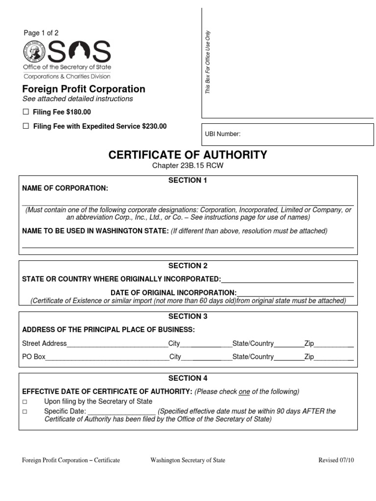 Washington Foreign Profit Corp Certificate | PDF | Registered Agent ...