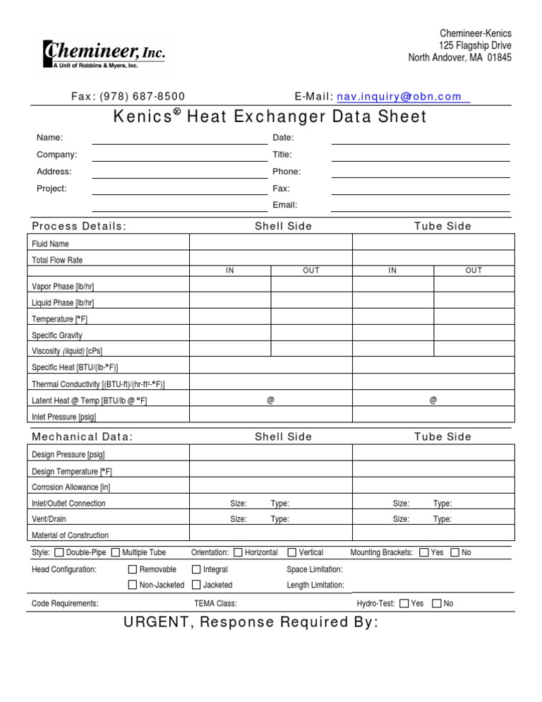 Heat Exchanger Data Sheet | PDF