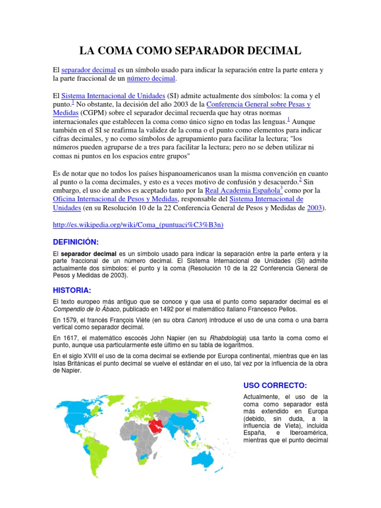 La Coma Como Separador Decimal | PDF | Coma | Notación Matemática