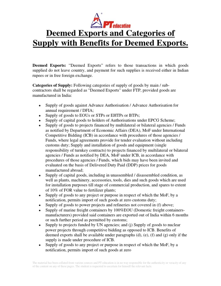 Deemed Exports and Categories of Supply With Benefits For Deemed ...