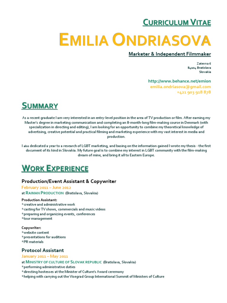 CV Emilia Ondriasova Word Form | PDF | Filmmaking | Slovakia