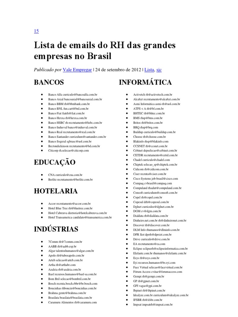 Lista de Emails Do RH Das Grandes Empresas No Brasil | PDF | Empresas dos Estados Unidos | Empresas