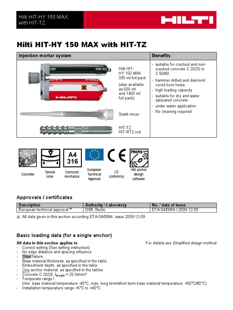 Hilti_hit Hy 150 Max Cu Hit Tz_1 | Concrete | Strength Of Materials