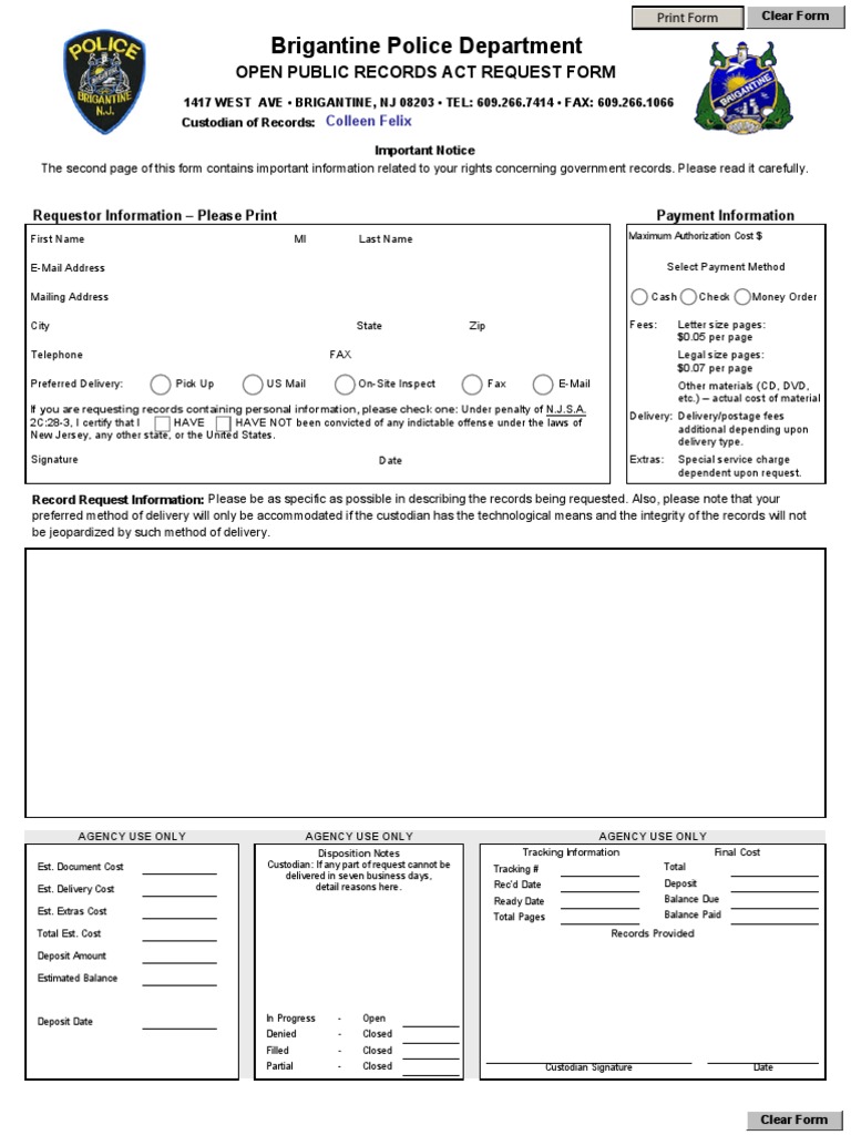 Brigantine Police Department OPRA Form | PDF | Discovery (Law ...
