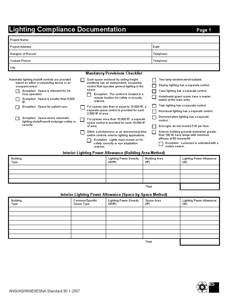 Lighting Compliance Documentation: Mandatory Provisions Checklist | PDF ...