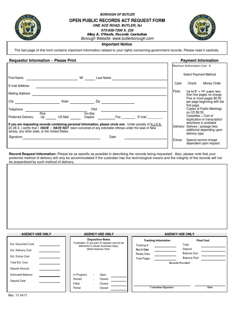 Butler OPRA Form | PDF | Discovery (Law) | Computer Security