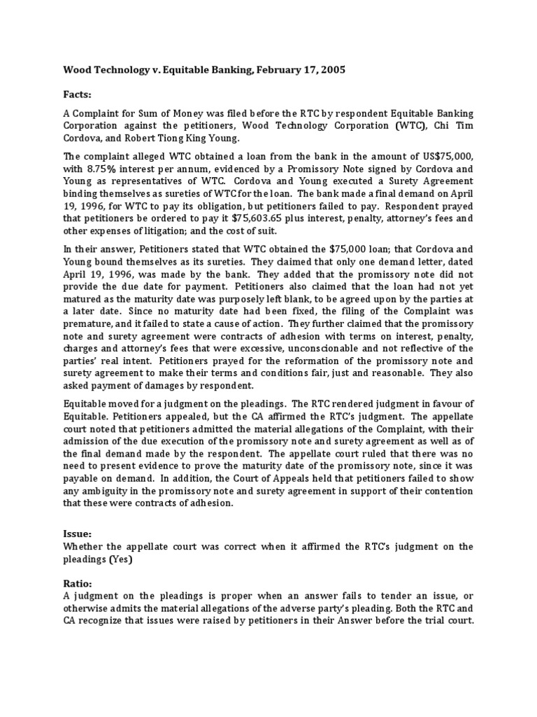 Wood Technology v. Equitable Banking | PDF | Summary Judgment | Pleading