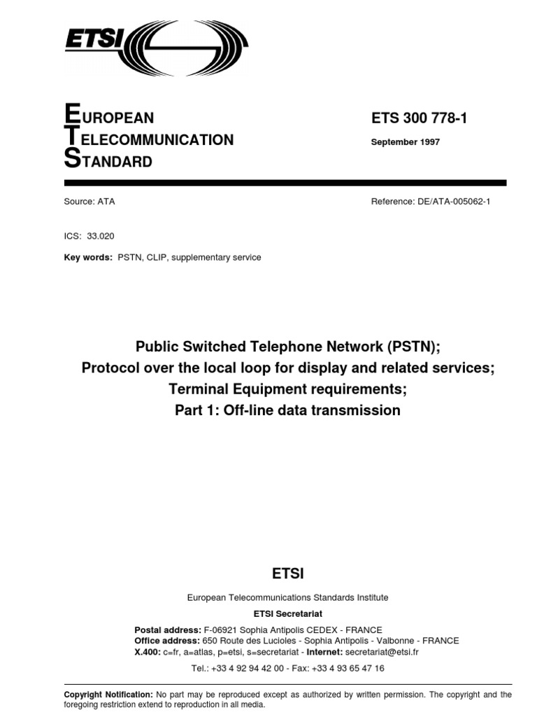 Norma Etsi Ets 300 778-1 | PDF | Public Switched Telephone Network ...