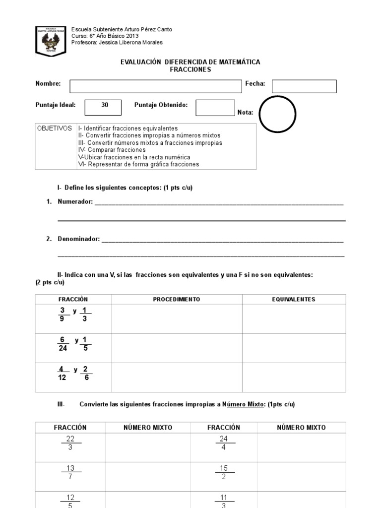 PRUEBA FRACCIONES PROPIAS E IMPROPIAS 6°
