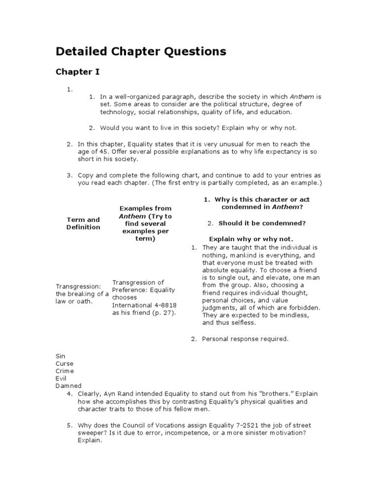 Anthem Detailed Chapter Questions | PDF | Psychological Concepts ...