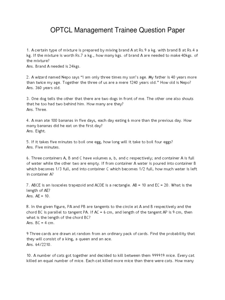 OPTCL Management Trainee Question Paper | PDF | Teaching Methods ...