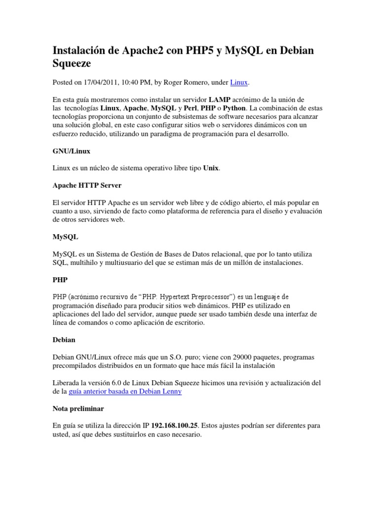 Instalación de Apache2 Con PHP5 y MySQL en Debian Squeeze | PDF | Php | Servidor HTTP Apache