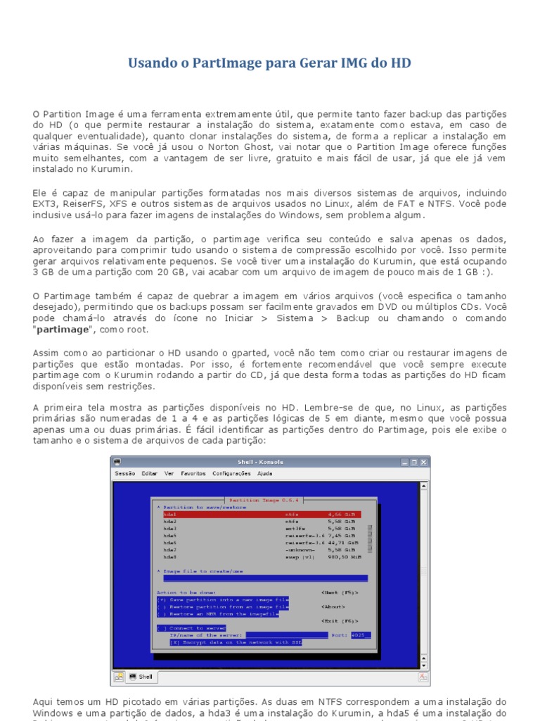 Usando o PartImage para Gerar IMG Do HD | PDF | Drive de disco rígido ...