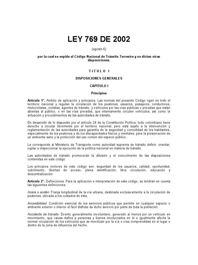 Código de Tránsito (Ley 769 de 2002) | PDF | Licencia de conducir ...