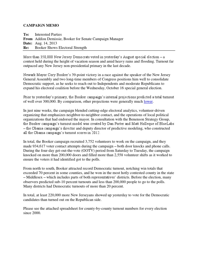 Campaign Memo To: From Addisu Demissie, Booker For Senate Campaign ...