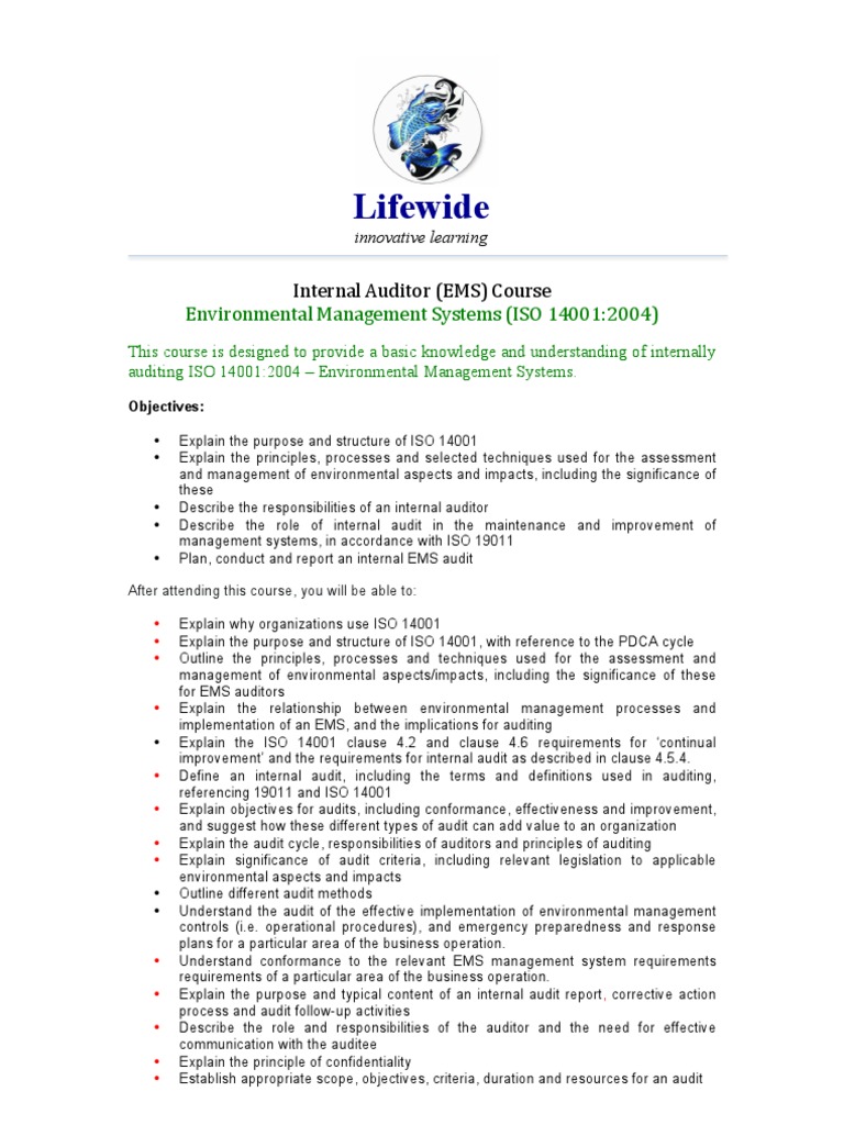 EMS Internal Auditor Course Overview | PDF | Internal Audit | Audit