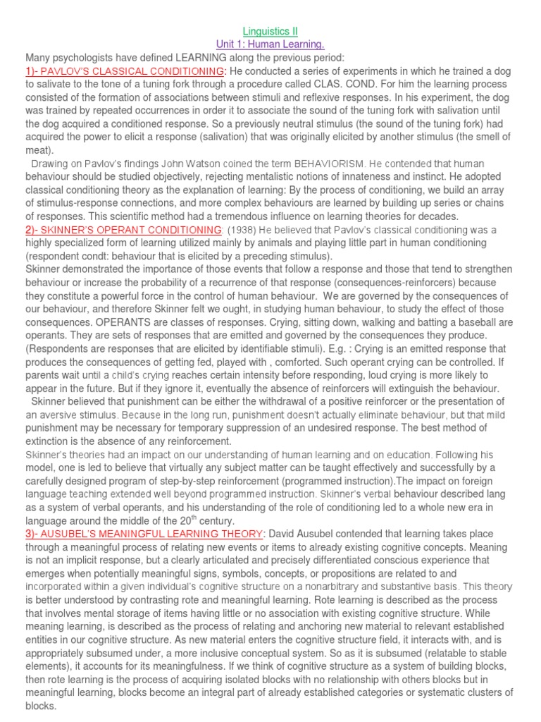 Human Learning Theories Explained | PDF | Reinforcement | Classical Conditioning